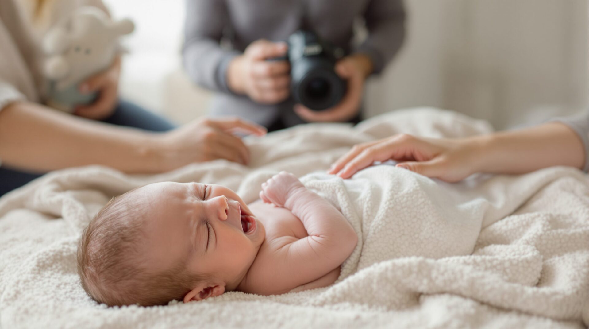 Conseils si bébé pleure avec un photographe nouveau-né professionnel
